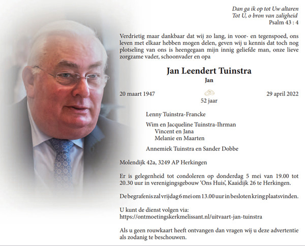 Overlijdensbericht Jan Tuinstra