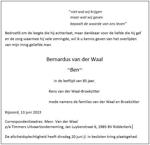 Overlijdensbericht Ben van der Waal